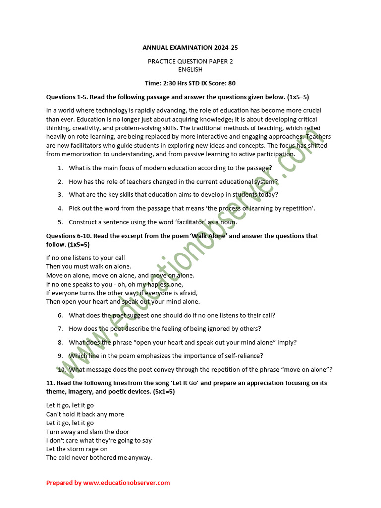 Annual Exam New Textbook Model Question Paper 2 STD 9 by ...