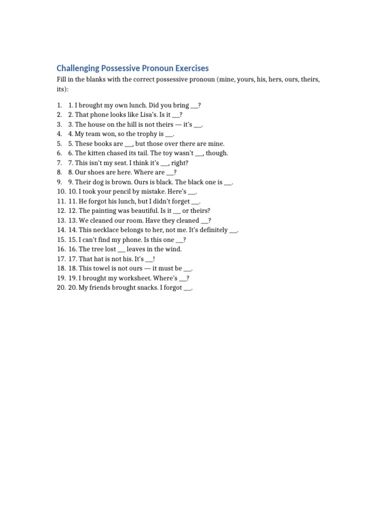 Possessive Pronoun Fill-in Exercises | PDF
