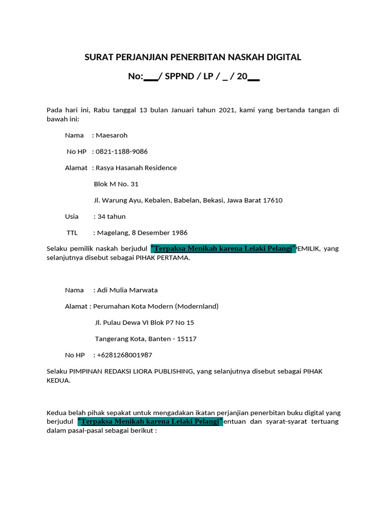 draft - perjanjian penerbitan naskah secara digital dan cetak | PDF