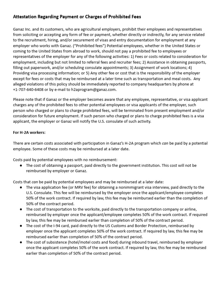 Prohibited Fees Policy for H-2A Workers | PDF | Employment | Fee