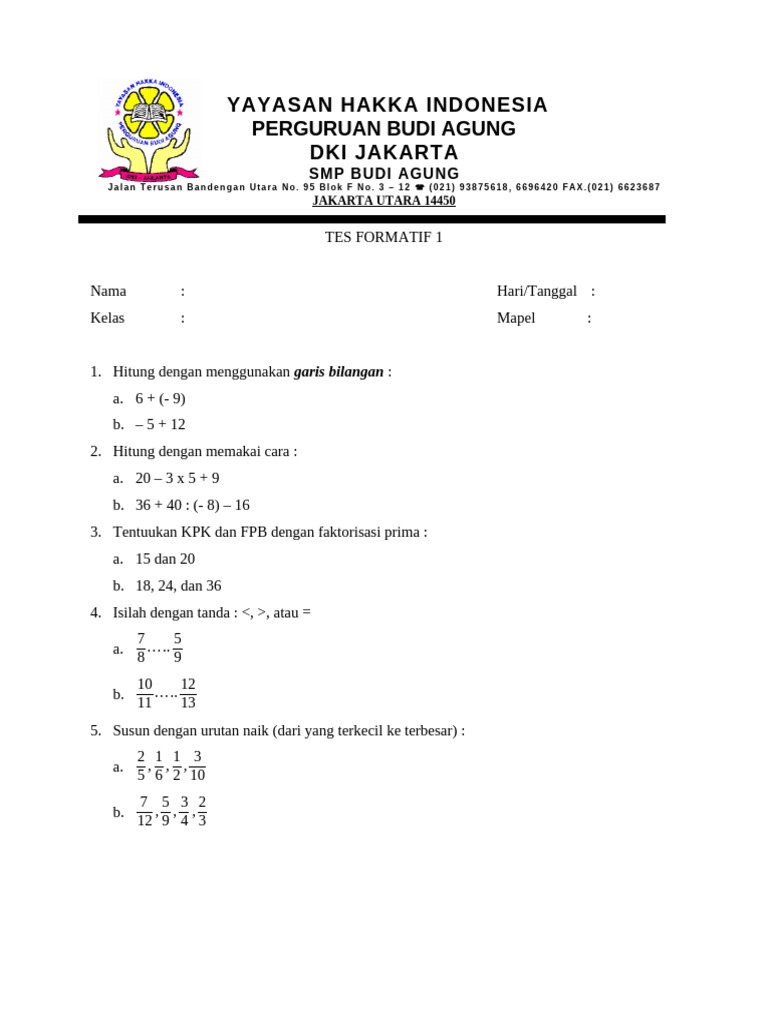 Tes Formatif Matematika SMP Budi Agung | PDF