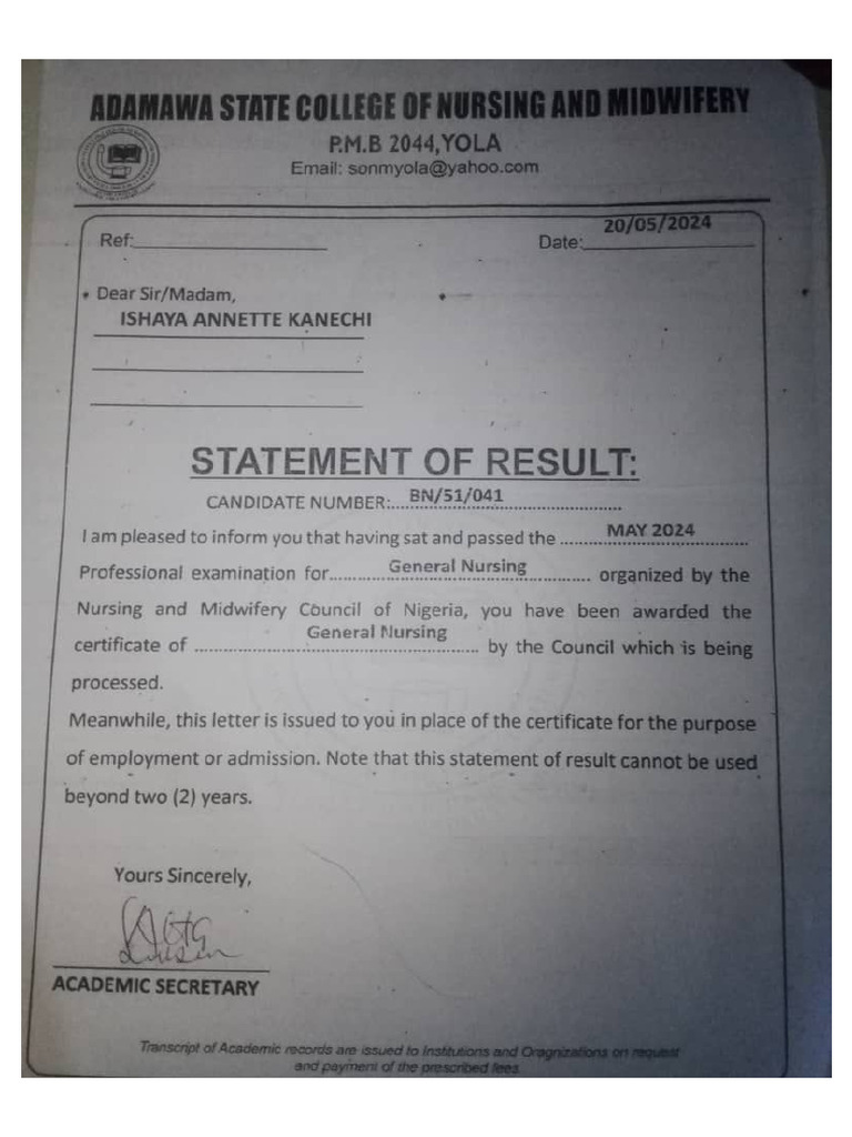 Result Statement - Annette Kanechi Ishaya | PDF