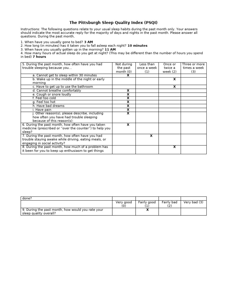 Pittsburgh Sleep Quality Index (PSQI) - Filled | PDF | Sleep | Physiology