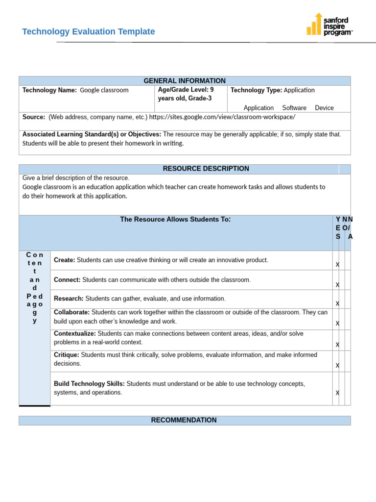 Technology Evaluation Form | PDF | Homework | Critical Thinking