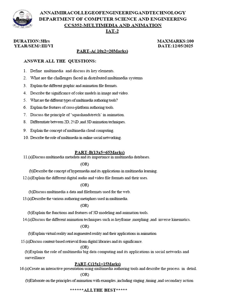 CCS352 Multimedia & Animation Exam Paper | PDF | Multimedia | 3 D ...