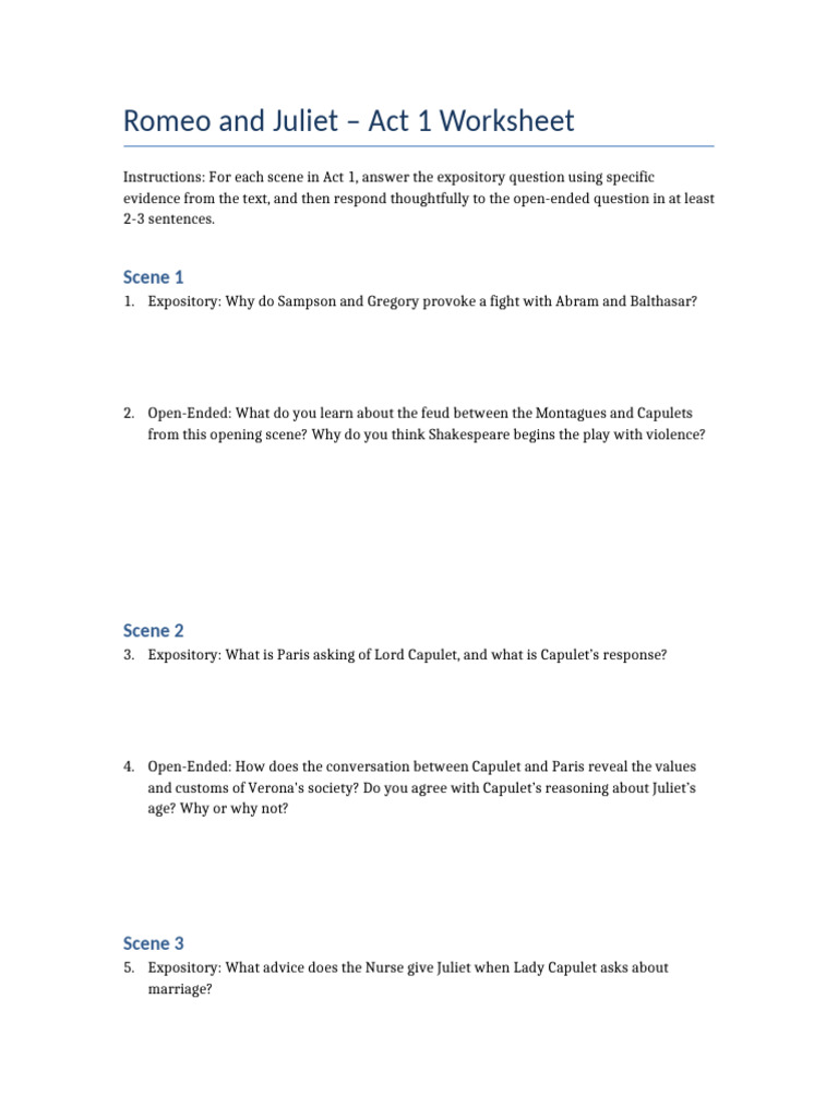 Romeo and Juliet Act 1 Worksheet | PDF