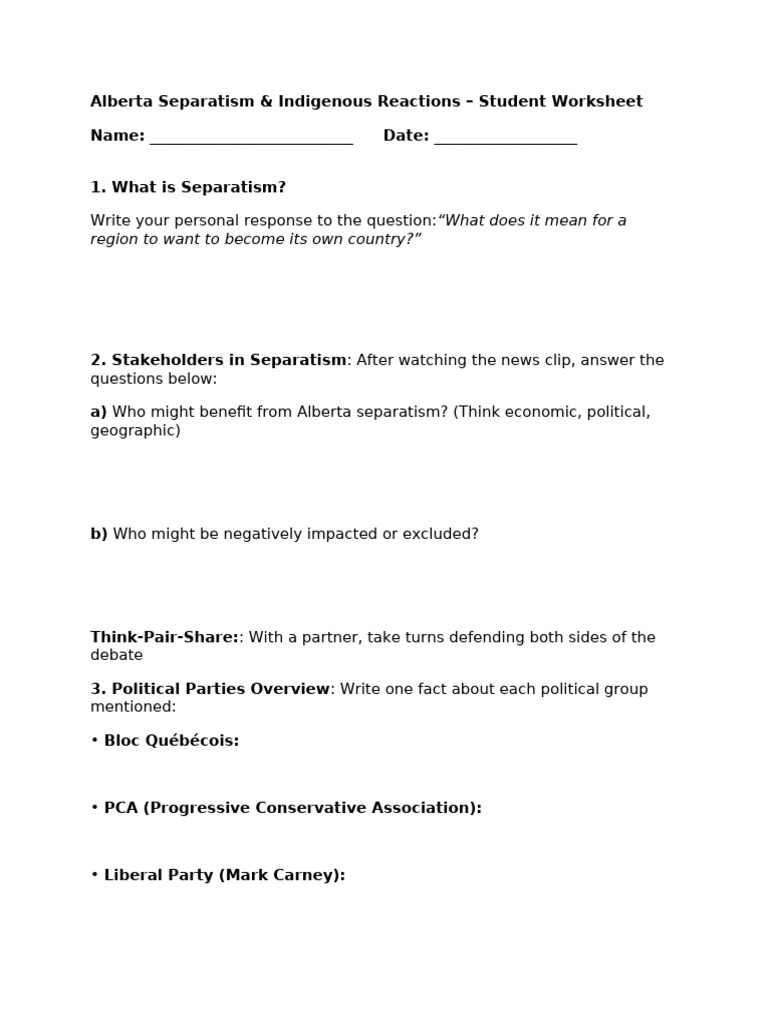 Alberta Separatism: Student Worksheet | PDF