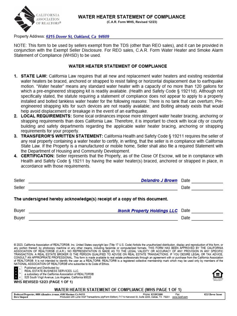 Water Heater Statement of Compliance - 12 - 23 | PDF | Water Heating | National Association Of ...