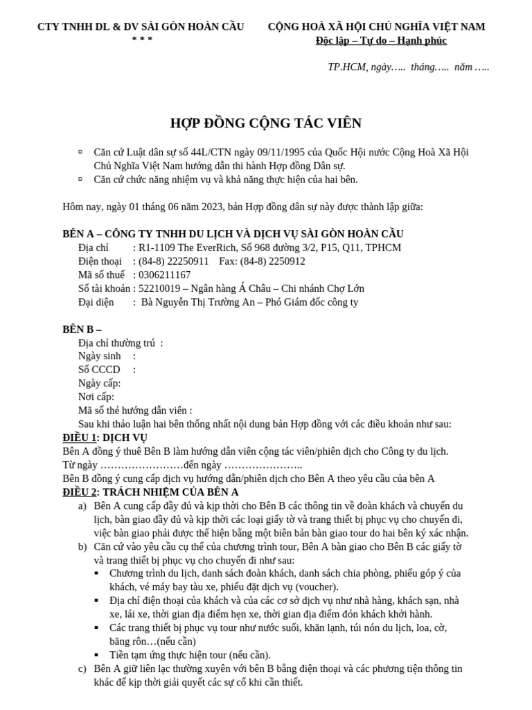 HOP DONG CONG TAC VIEN CHO TOUR DU LỊCH | PDF