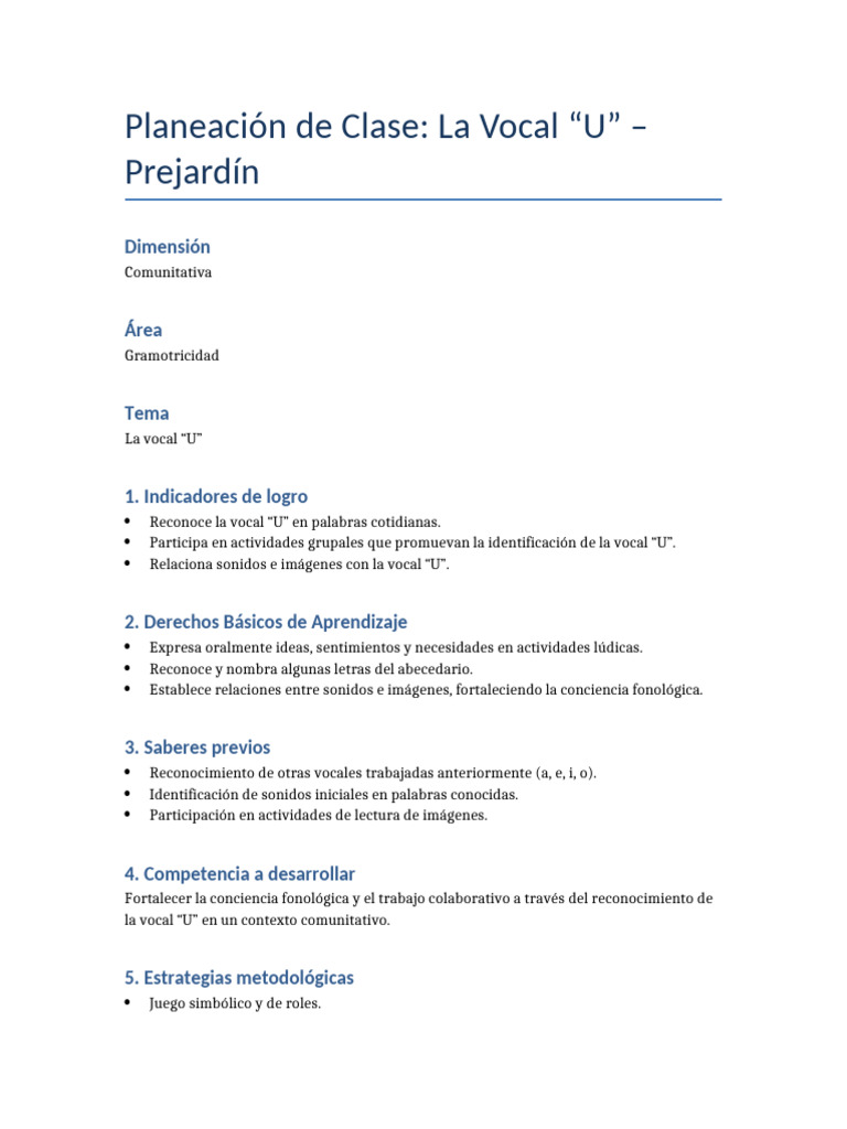 Planeación de Clase: Vocal "U" en Preescolar | PDF | Vocal | Lingüística