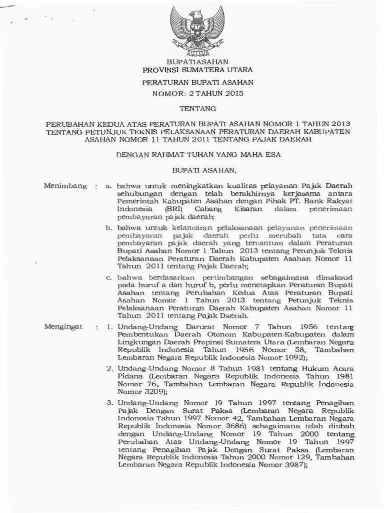 Perbup Asahan Nomor 2 Tahun 2015 Tentang Juknis Perda Nomor 11 Tahun 2011 Tentang Pajak Daerah | PDF