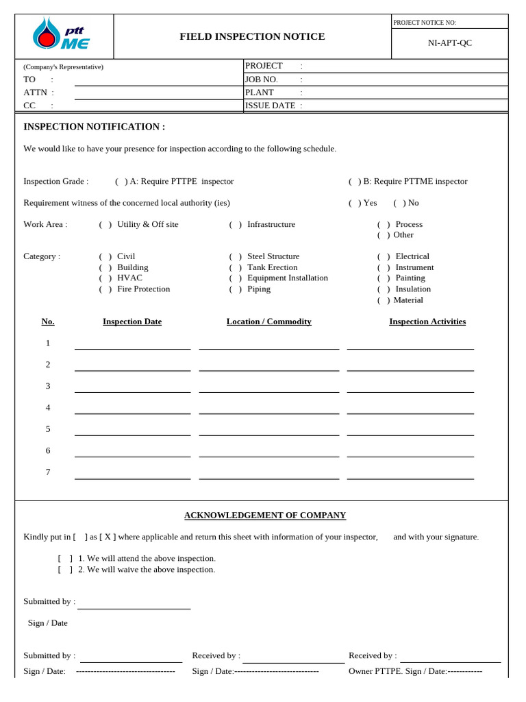 PTTME-TANK-QC-001 FIELD INSPECTION NOTICE | PDF | Building Engineering