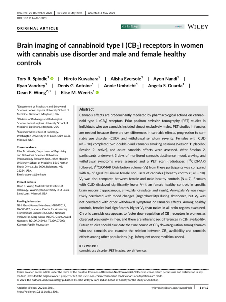 Brain Imaging of Cannabinoid Type I (CB1) Receptors in Women | PDF | Cannabis (Drug)