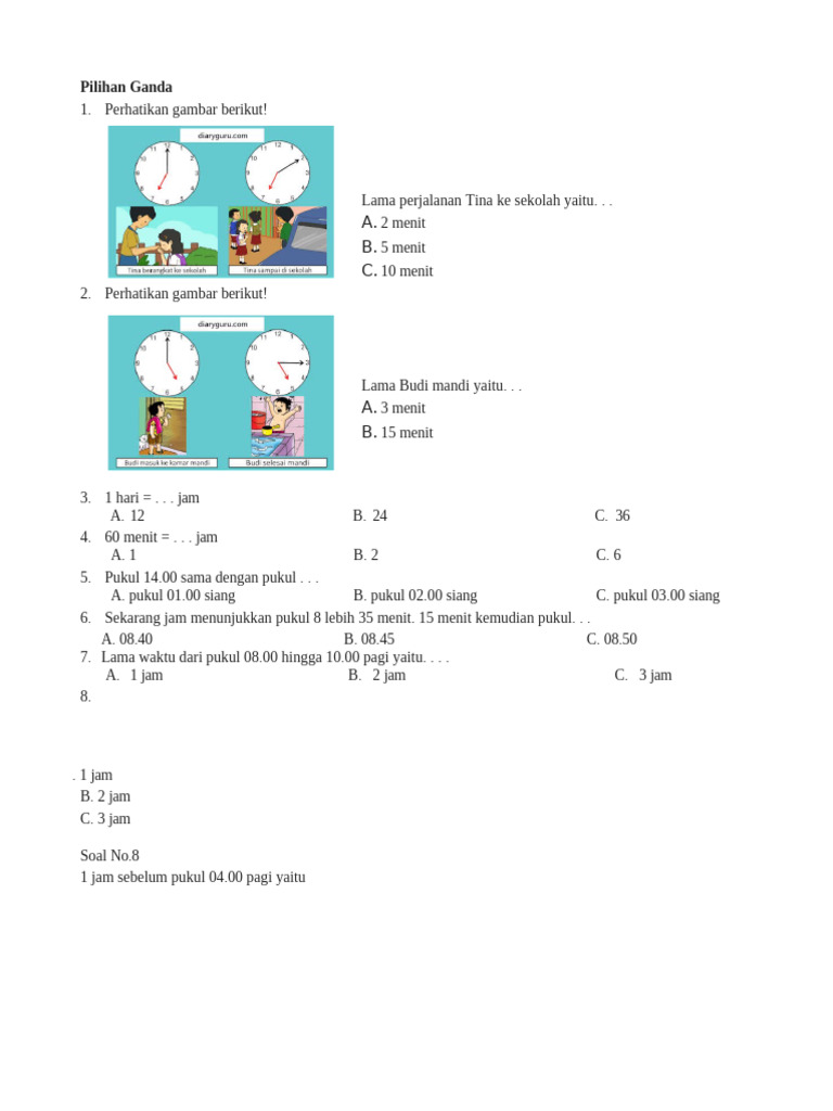Soal Matematika Kelas 2 Waktu Dan Durasi Lama Waktu | PDF