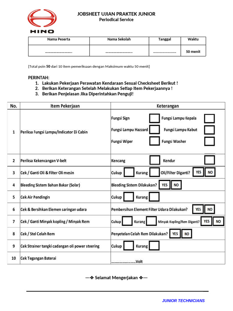 Jobsheet Ujian Praktek Junior - Periodic Service | PDF