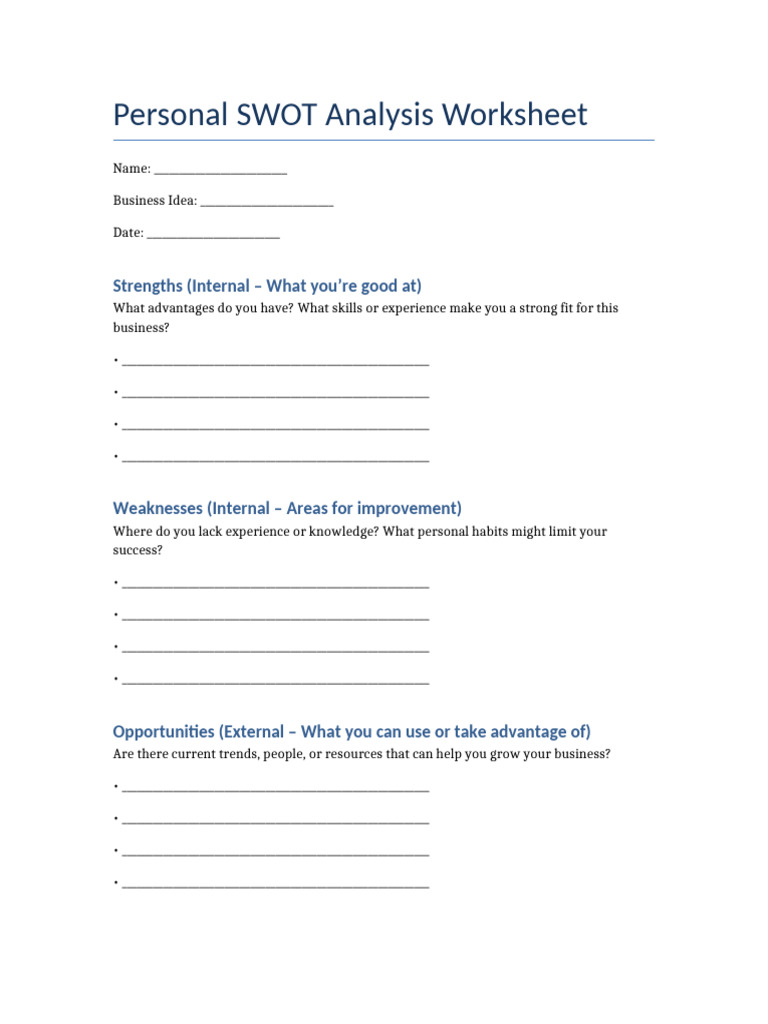 Personal SWOT Analysis Worksheet | PDF