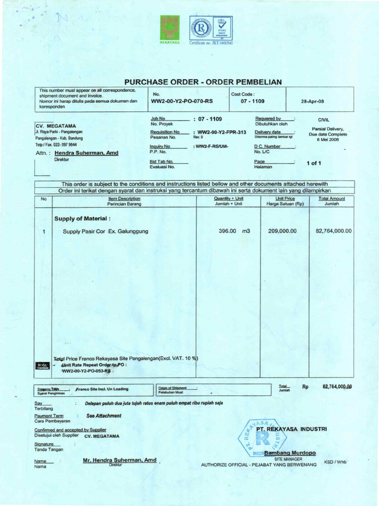 Project Reference - Supply Pasir Cor Ex-Galunggung 10 | PDF