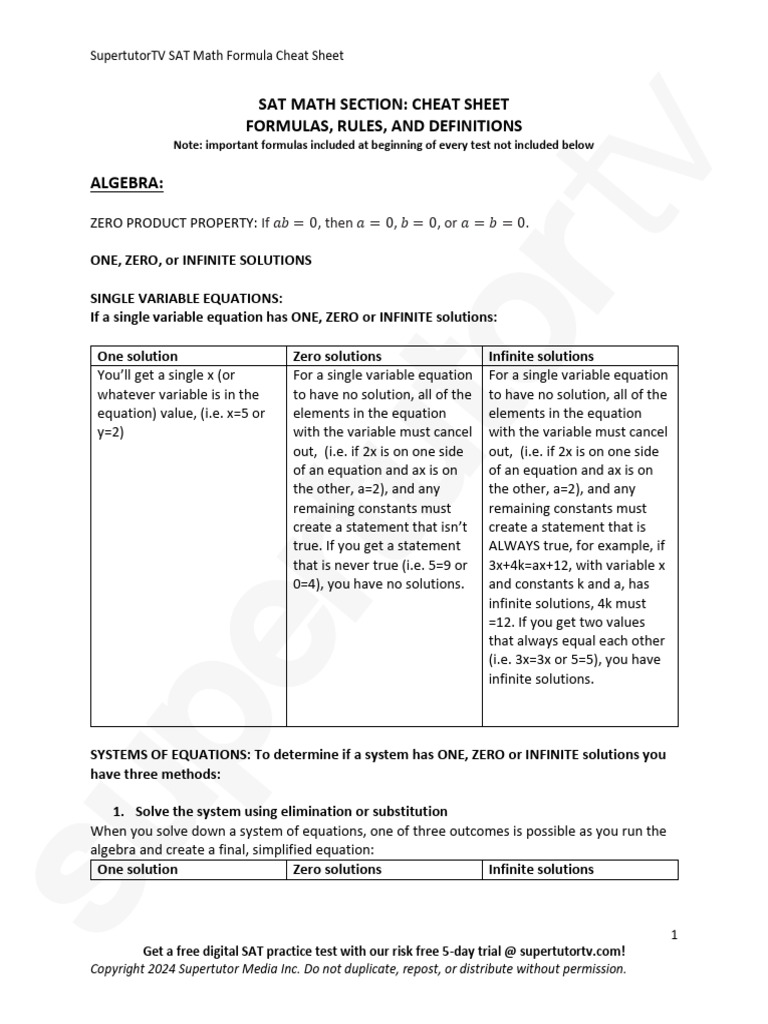 Digital SAT Math Cheat Sheet | PDF | Circle | Equations