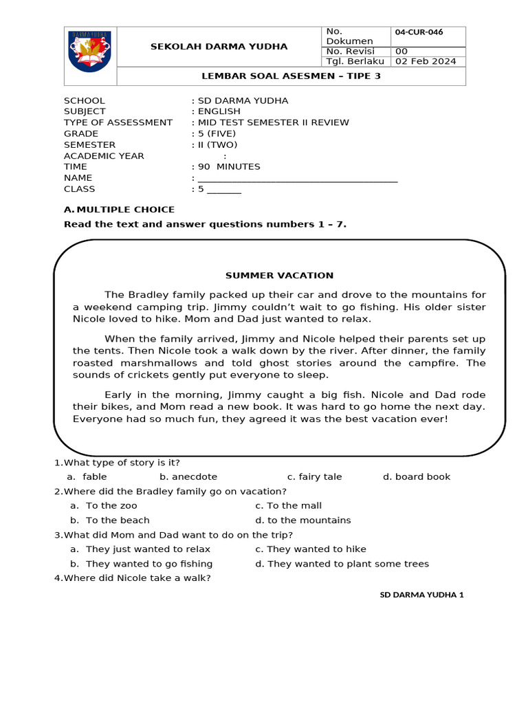 English Review Mid 2 Grade 5 | PDF