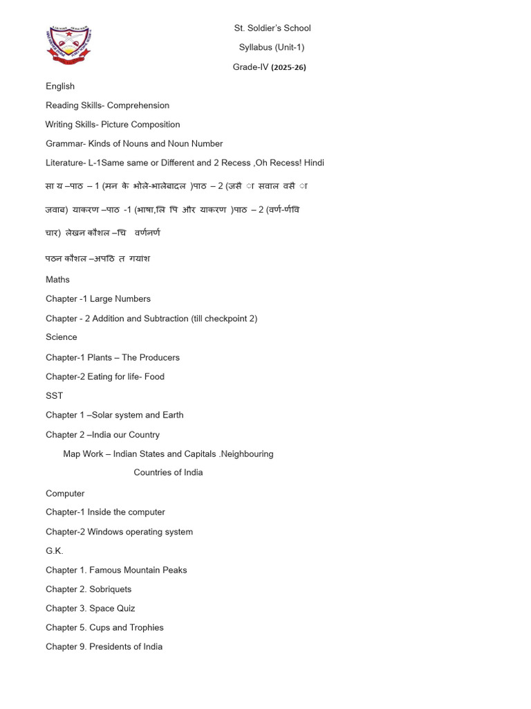 Resource 20250503121024 Updated Syllabus Unit - 1 For Class - 4 | PDF