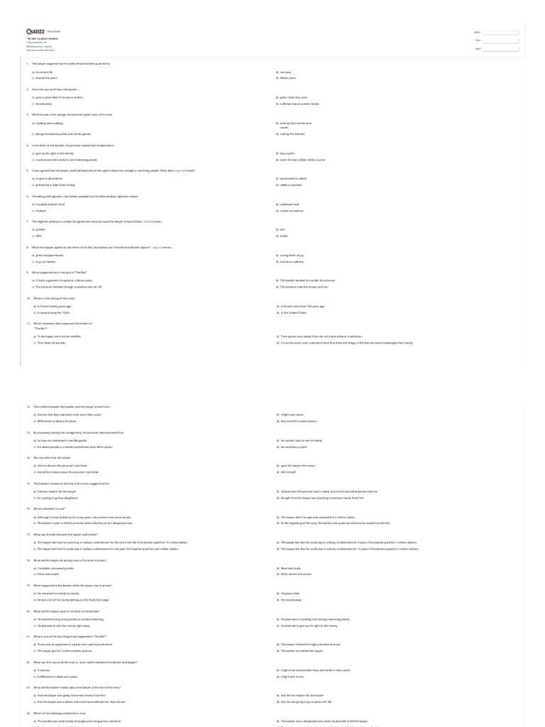 The Bet - by Anton Chekhov - Quizizz | PDF