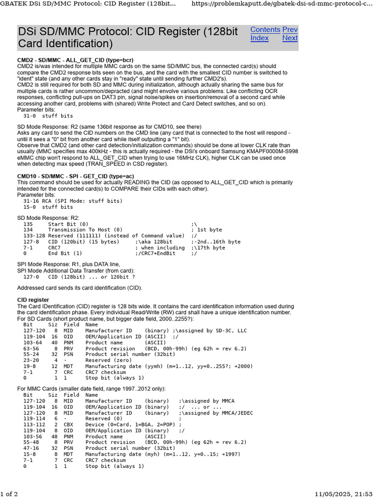 GBATEK DSi SD - MMC Protocol - CID Register (128bit Card Identification) | PDF | Computer Data ...
