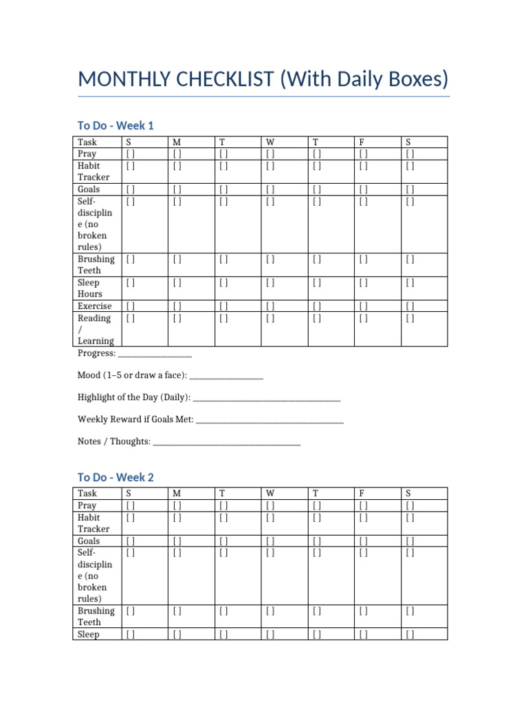 Monthly Checklist With Nutrition | PDF | Meal | Lunch
