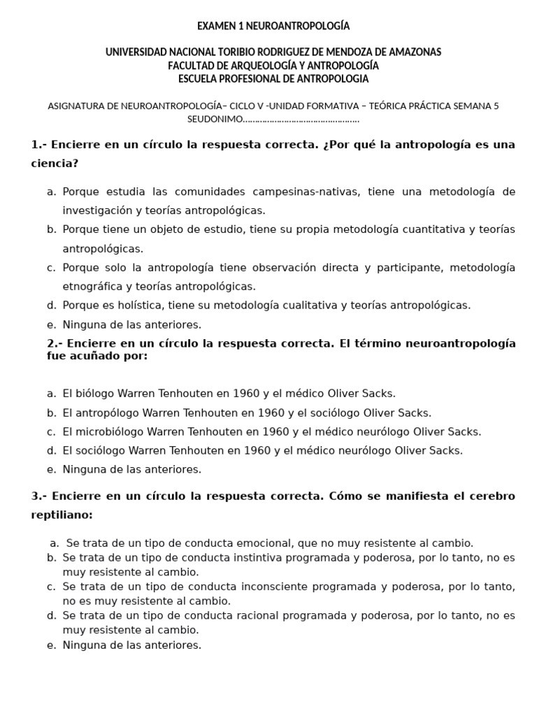 Examen 1 Neuro | PDF | Antropología | Amor