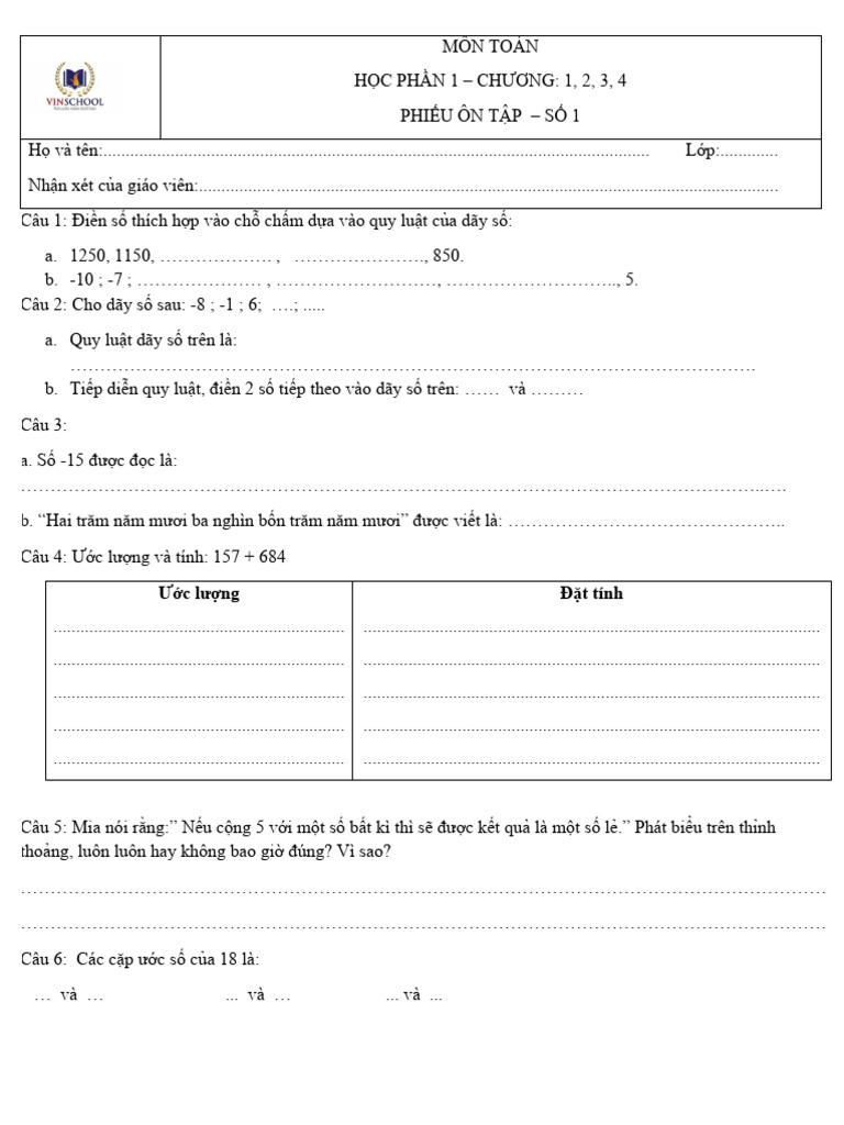 TOAN - HP1 - Phieu So 1 | PDF