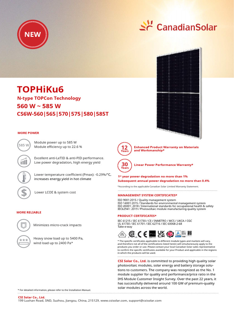 Canadian Solar TOPHiKu6 Datasheet | PDF | Solar Panel | Photovoltaics