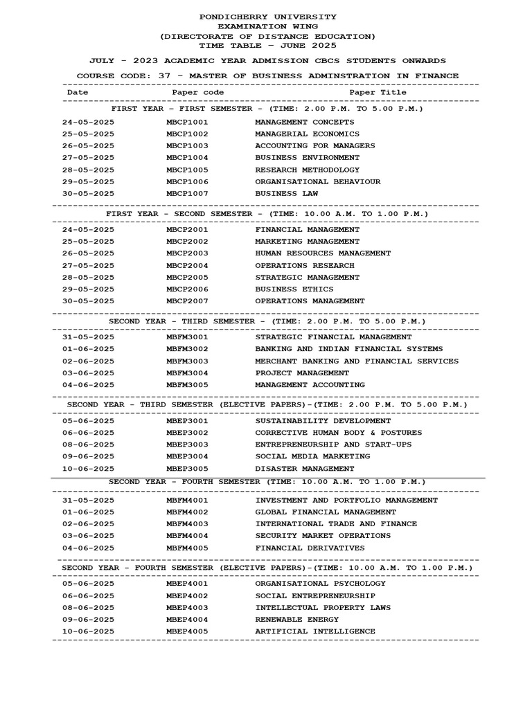 MBA Exam Time Table June 2025 | PDF | Business Economics | Economies