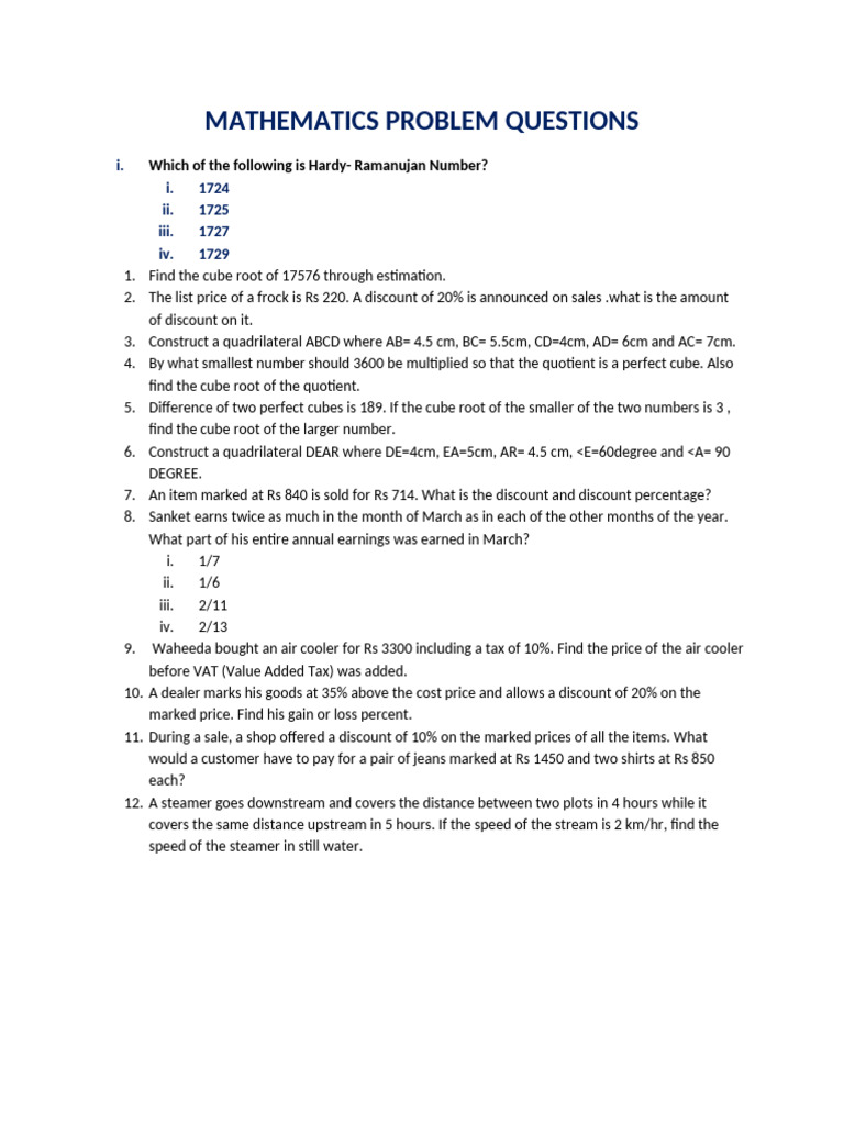 CLASS - 8th MATHEMATICS QUESTIONS | PDF