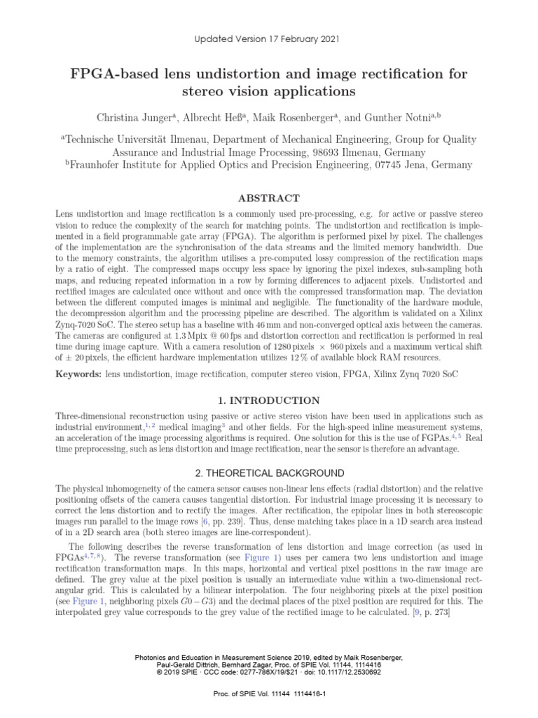 FPGA-based Lens Undistortion and Image Rectification For Stereo Vision Applications | PDF | Data ...
