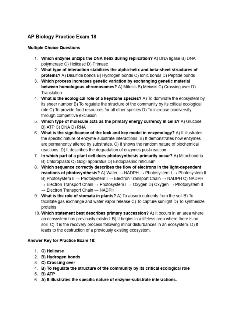 AP Biology Practice Exam 18 Questions | PDF | Dna | Enzyme