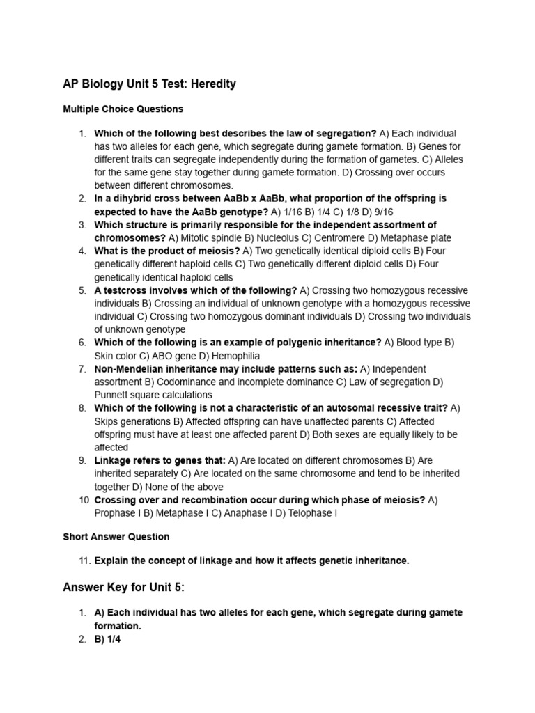 AP Biology Unit 5 Test - Heredity | PDF | Dominance (Genetics) | Meiosis