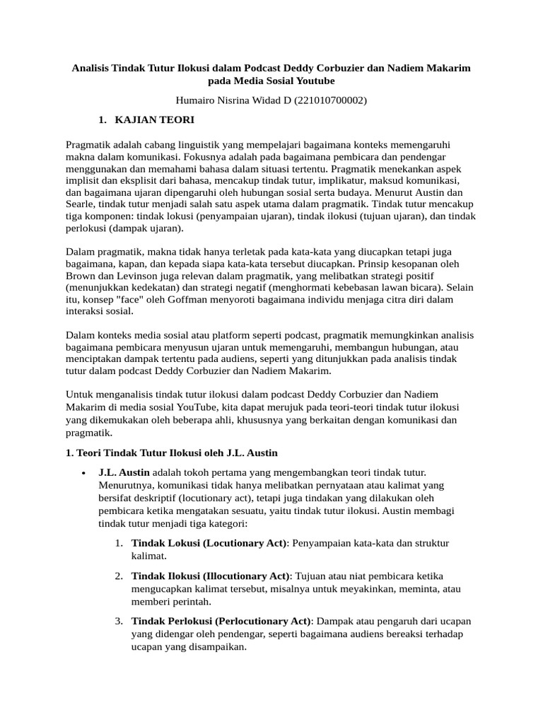 Analisis Tindak Tutur Ilokusi Dalam Podcast Deddy Corbuzier Dan Nadiem Makarim Pada Media Sosial ...
