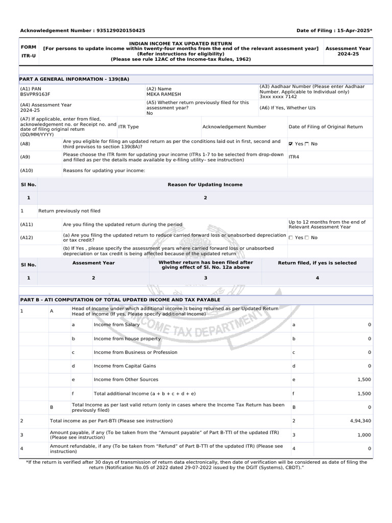 BSVPR9163F - ITR Form - AY-24-25 | PDF | Tax Refund | Taxes