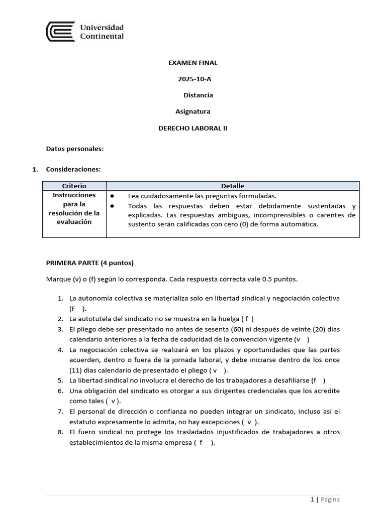 (2025-I) Examen Final - Derecho Laboral II PDF | PDF | Derecho laboral | Sindicato