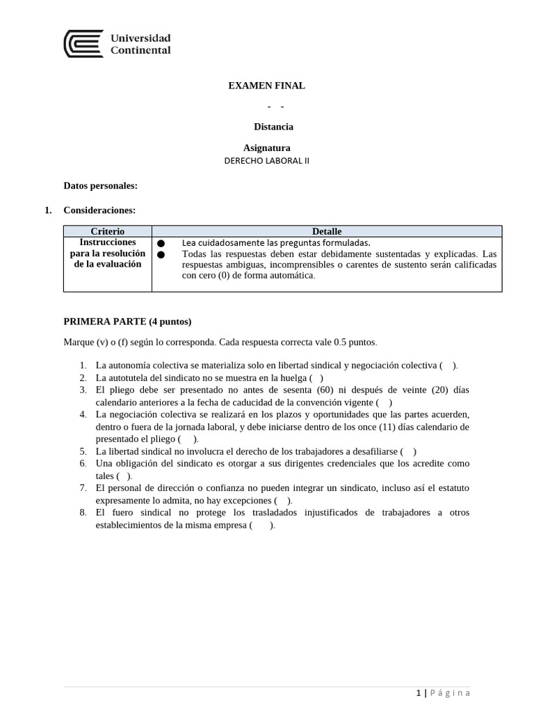 (2025-I) Examen Final - Derecho Laboral Ii 2 | PDF | Sindicato | Business