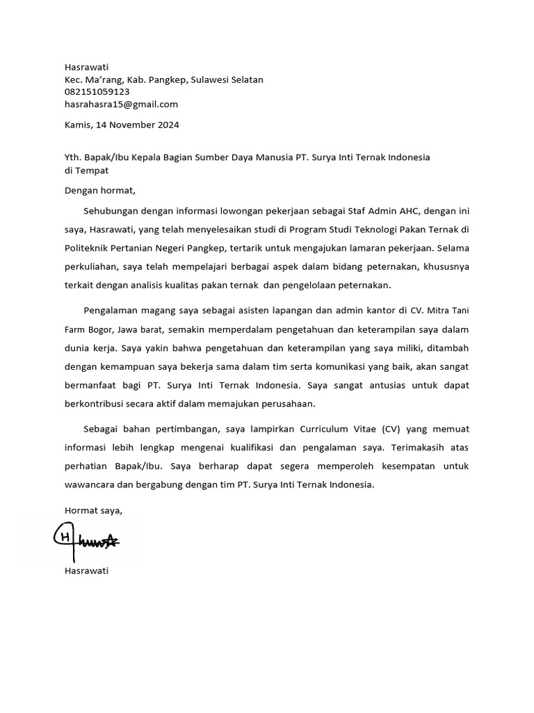 Surat lamaran PT. Surya Inti Ternak Indonesia Hasrawati | PDF