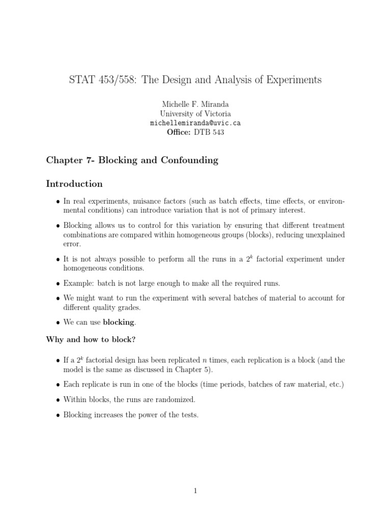 Chapter7 STAT 453 558 Spring2025 InProgress | PDF | Experiment | Confounding