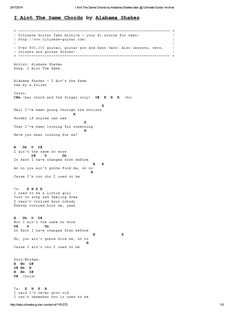 Alabama Shakes - I Aint The Same Chords | PDF | Musicology | Guitars
