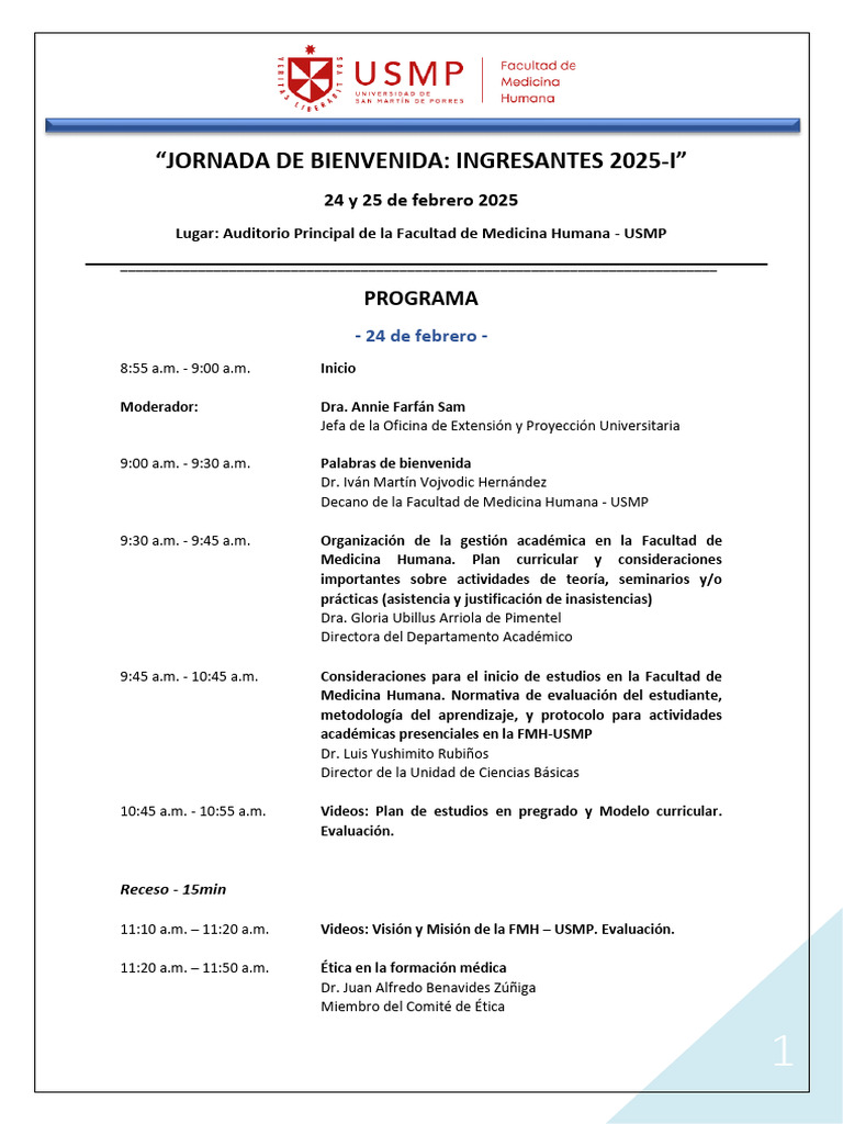 PROGRAMA DE BIENVENIDA 2025-I v2 | PDF | Ciencias de la Salud | Programas sociales