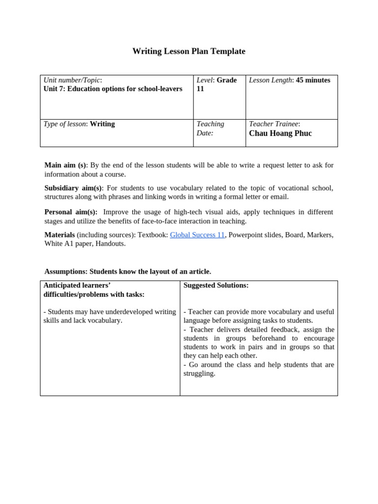 Writing Lesson Plan Phuc in | PDF | Lesson Plan | Cognitive Science
