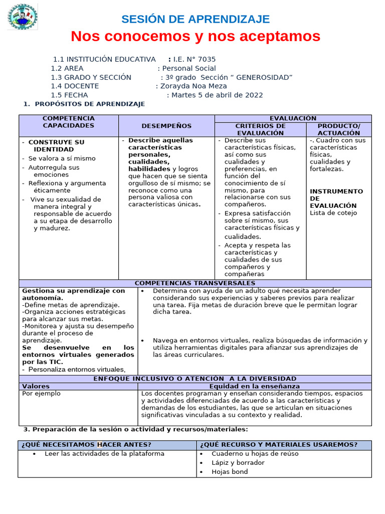 Identidad y Autoaceptación en 3º Grado | PDF | Evaluación | Aprendizaje