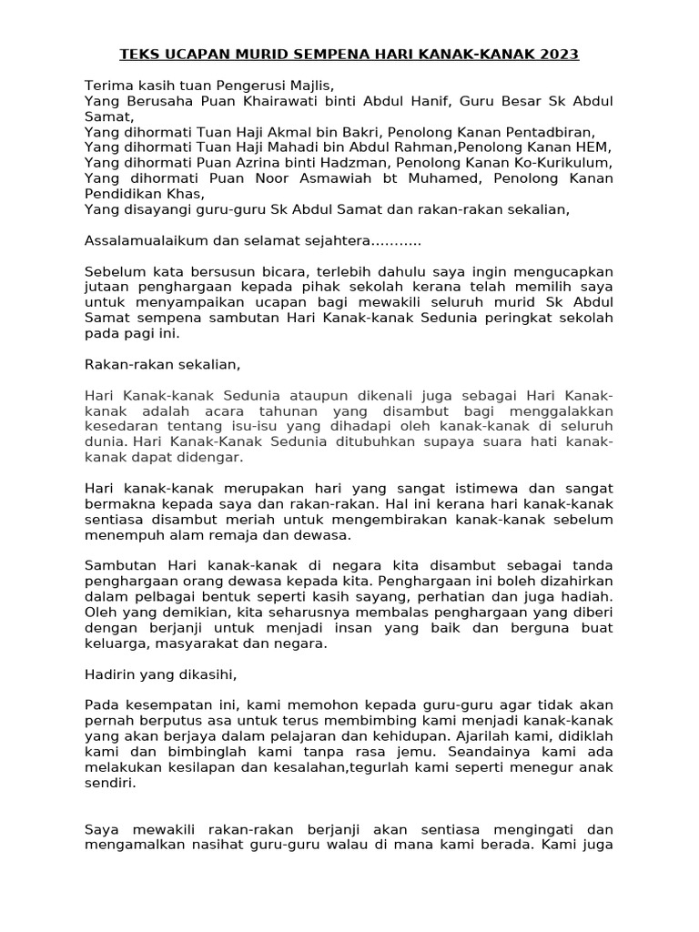 Teks Ucapan Murid Sempena Hari Kanak-Kanak 2023 | PDF