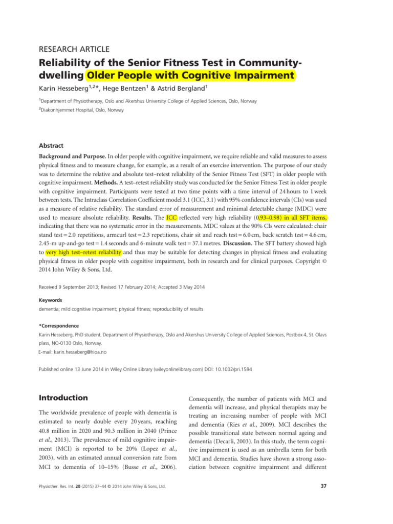 Reliability of The Senior Fitness Test in Community Dwelling Older ...