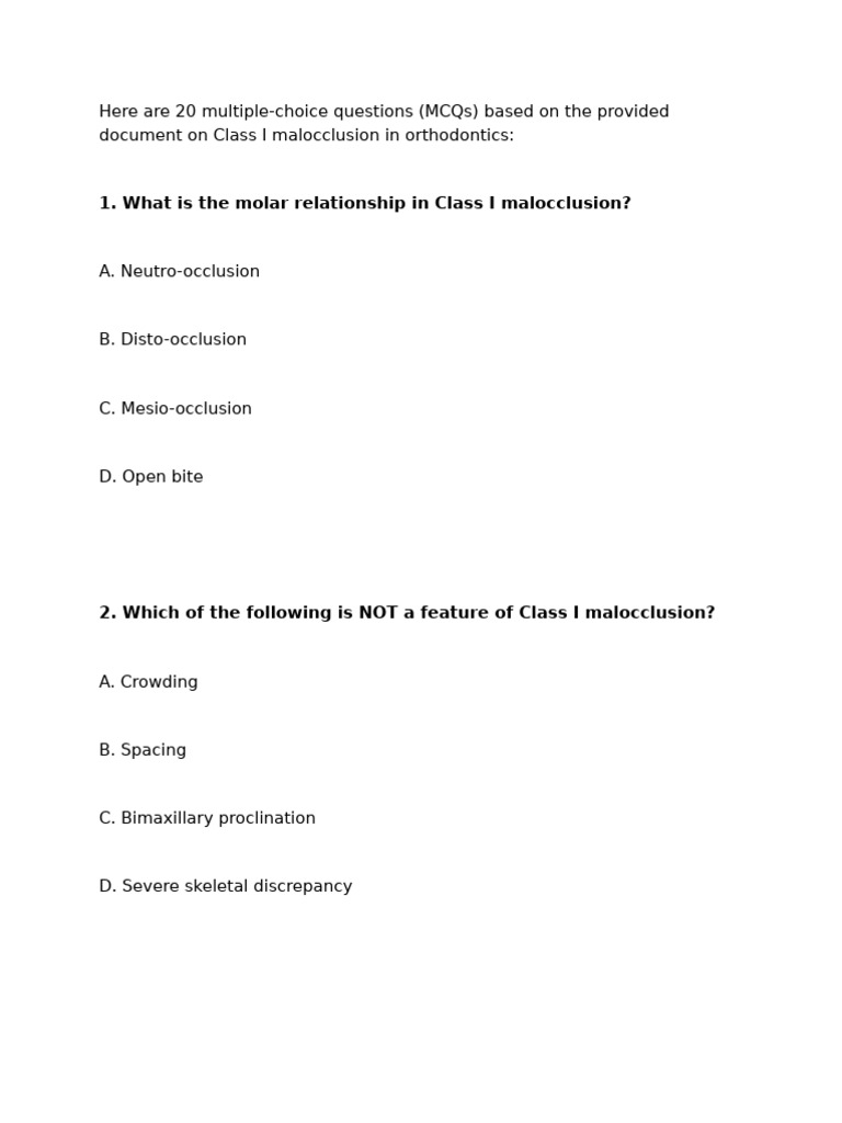Class 1questions (20 Questions) | PDF | Orthodontics | Medical Specialties