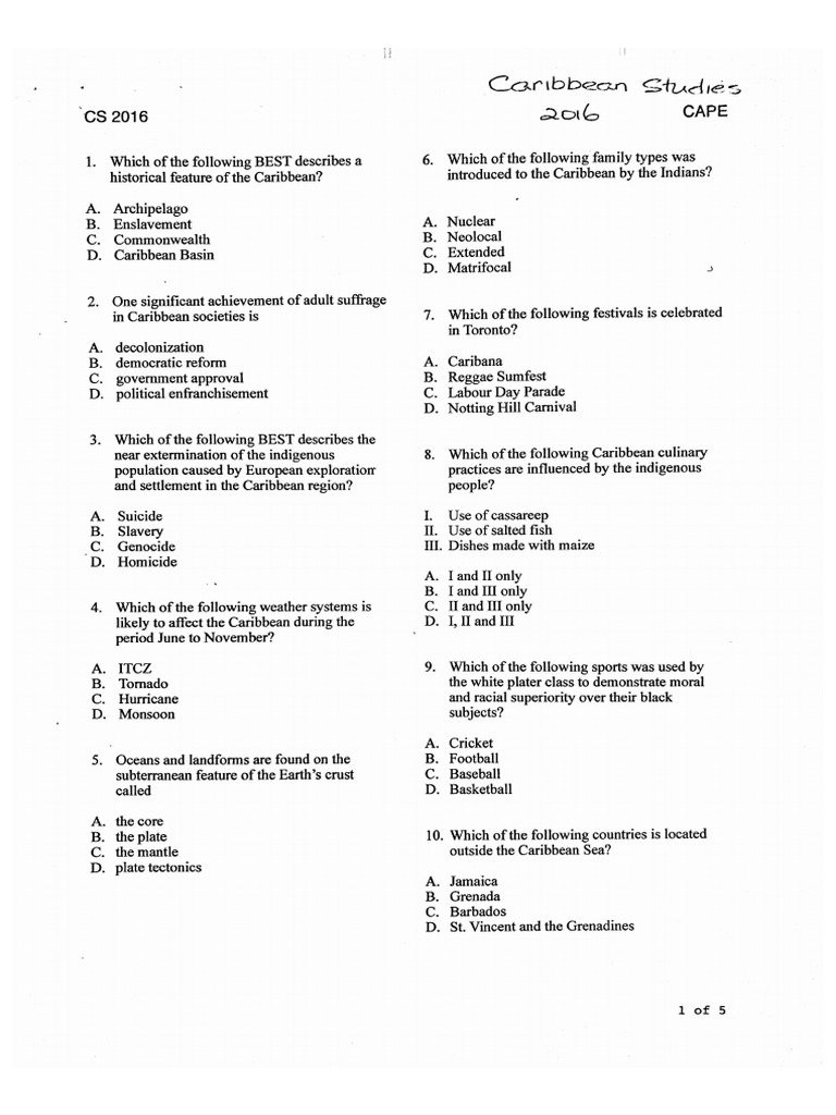 CAPE Caribbean Studies 2016 P1 | PDF