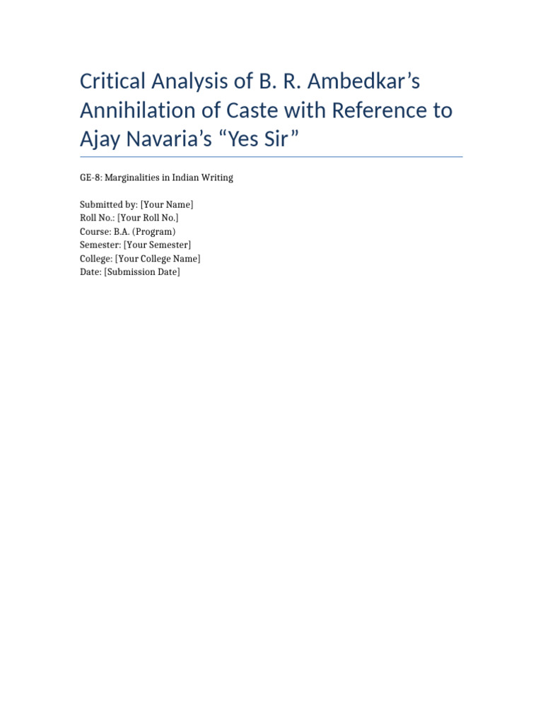 Critical Analysis Ambedkar Annihilation of Caste Assignment | PDF | Caste